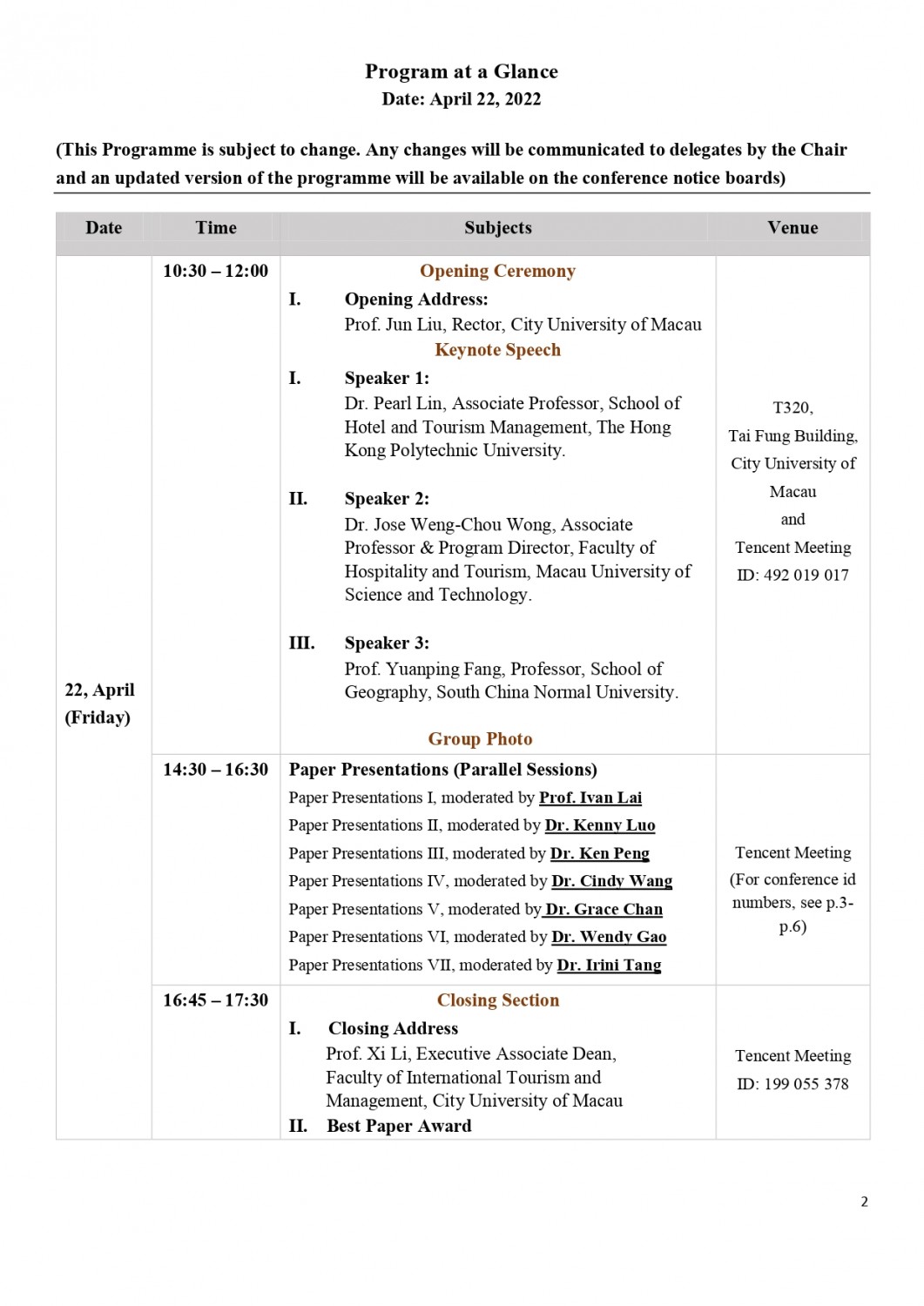 Program Rundown - 澳門城巿大學 國際旅遊與管理學院